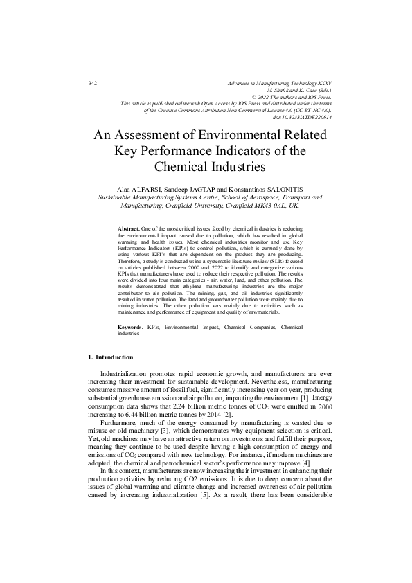 (PDF) An Assessment of Environmental Related Key Performance Indicators of the Chemical Industries
