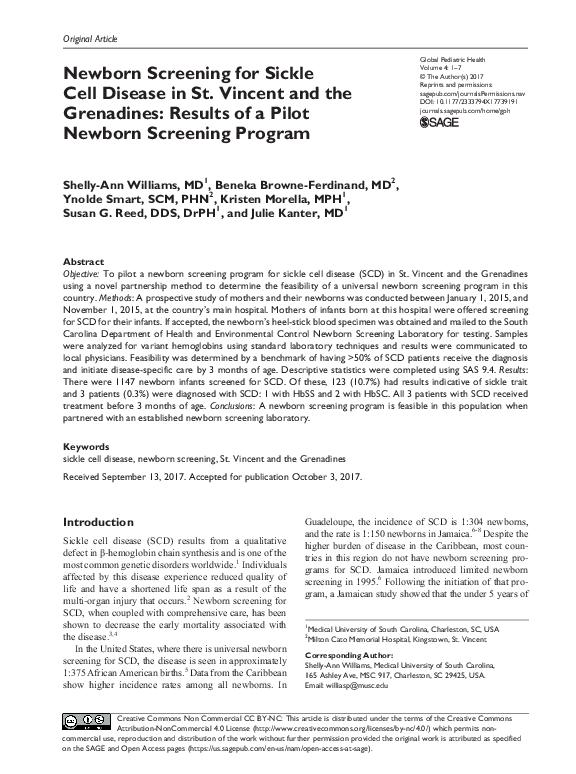 (PDF) Newborn Screening for Sickle Cell Disease in St. Vincent and the ...