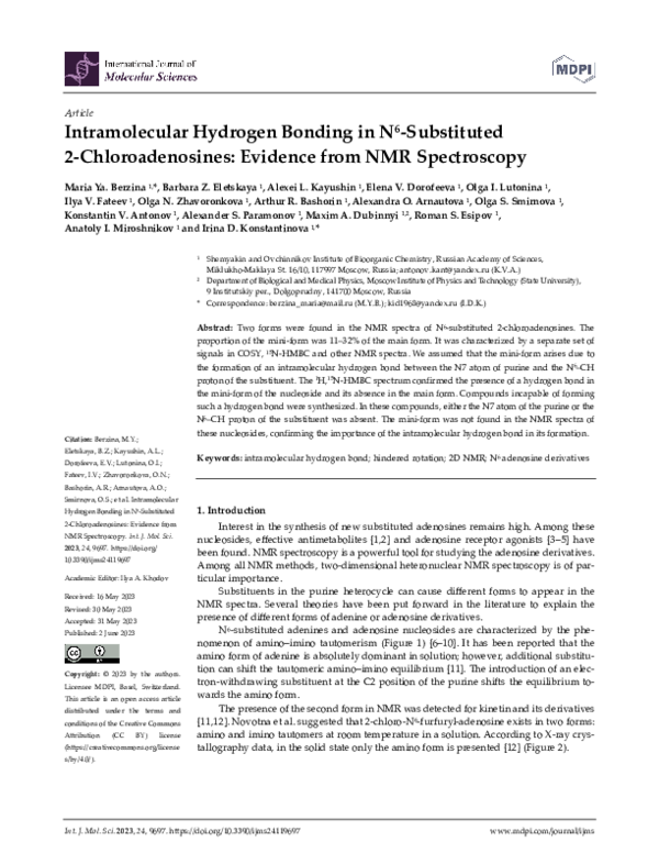 (PDF) Intramolecular Hydrogen Bonding in N6-Substituted 2-Chloroadenosines: Evidence from NMR ...