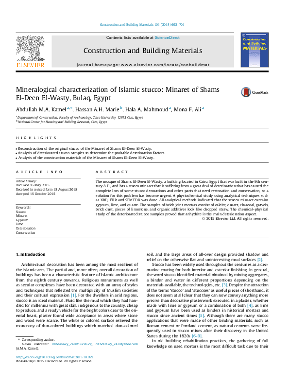 (PDF) Mineralogical characterization of Islamic stucco: Minaret of ...