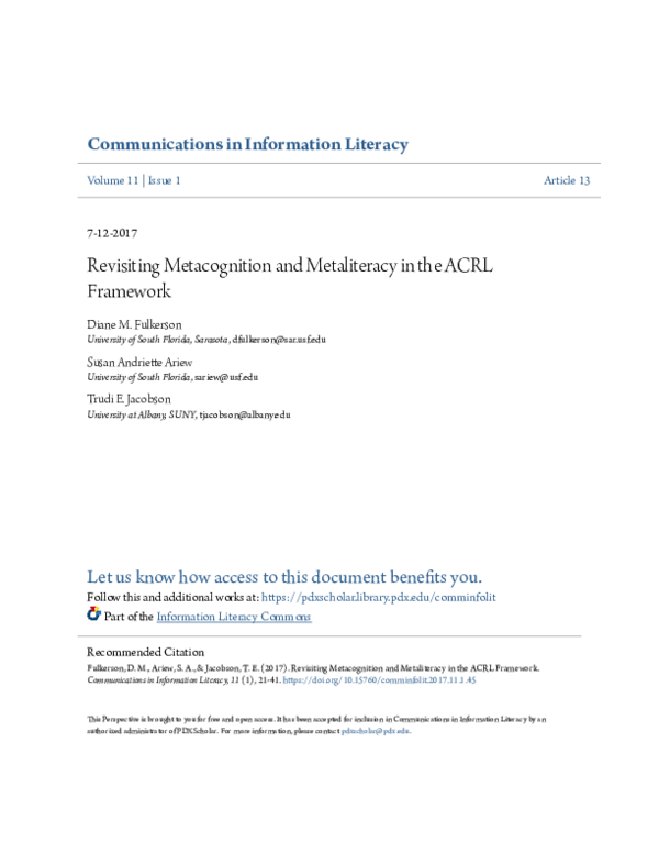 Pdf Revisiting Metacognition And Metaliteracy In The Acrl Framework
