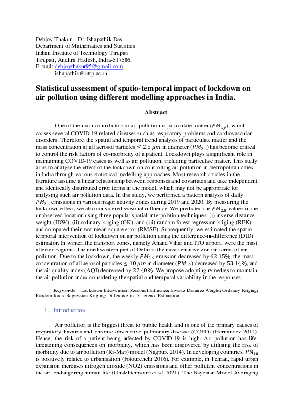 (PDF) Statistical assessment of spatio-temporal impact of Covid-19 lockdown on air pollution ...