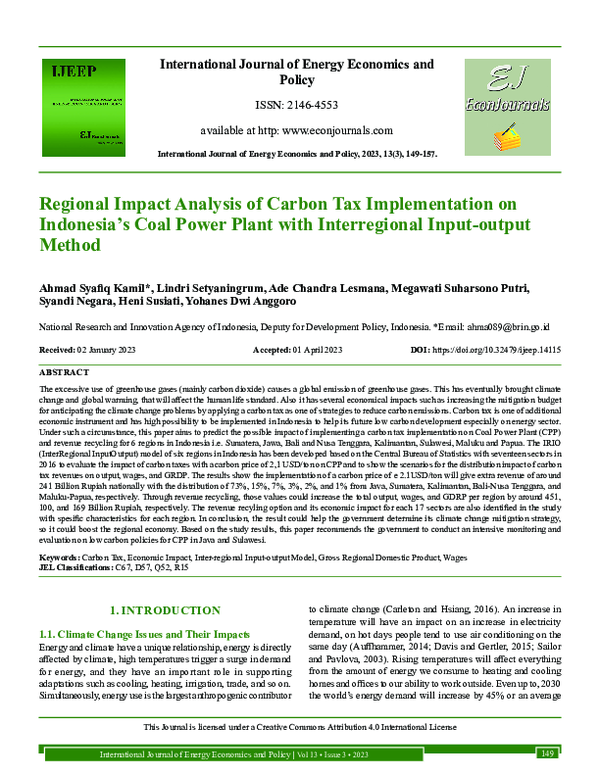 (PDF) Regional Impact Analysis of Carbon Tax Implementation on Indonesia’s Coal Power Plant with ...