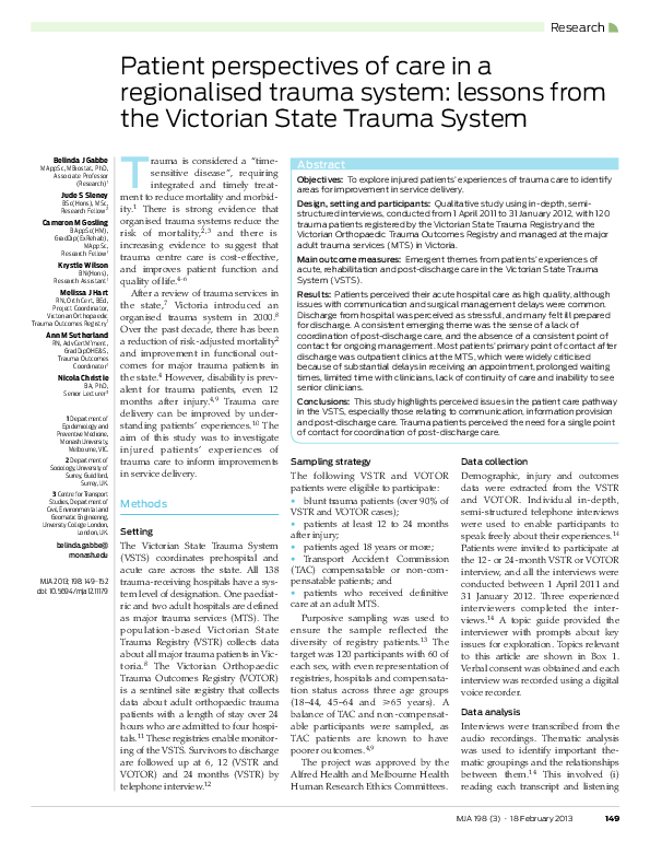 (PDF) Patient perspectives of care in a regionalised trauma system ...