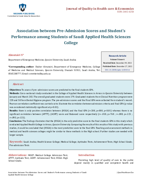 (PDF) Association between Pre-Admission Scores and Student's ...