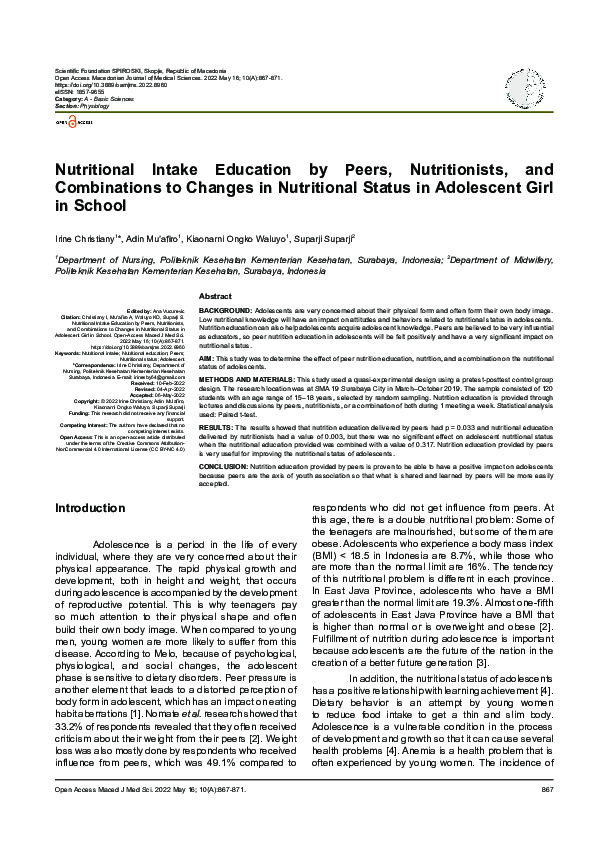 (PDF) Nutritional Intake Education by Peers, Nutritionists, and ...
