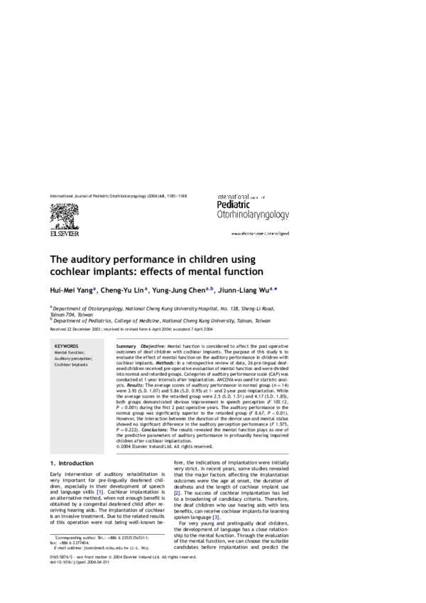 (PDF) The auditory performance in children using cochlear implants ...