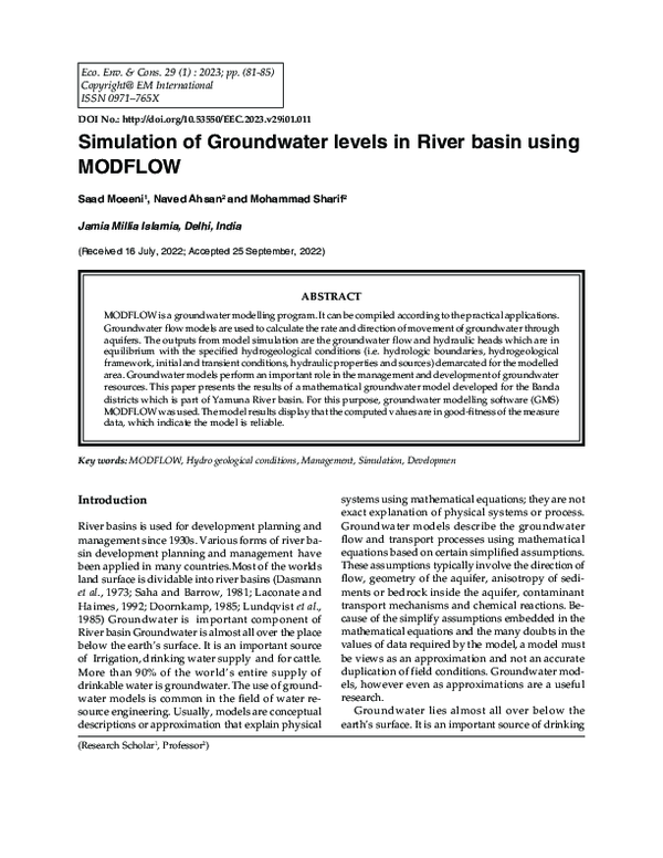 (PDF) Simulation of Groundwater levels in River basin using MODFLOW