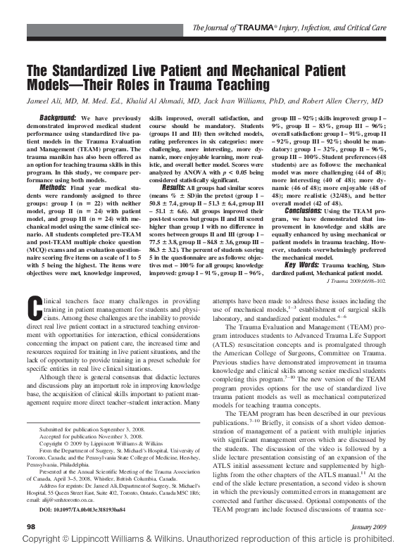 (PDF) Comparing Live and Mechanical Models in Trauma Training