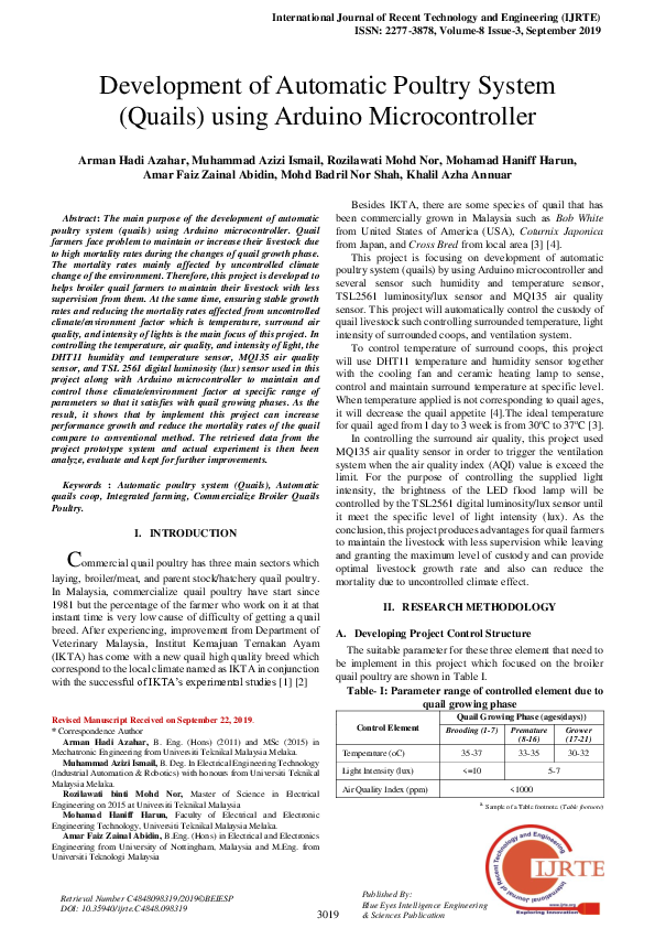 (PDF) Development of Automatic Poultry System (Quails) using Arduino Microcontroller