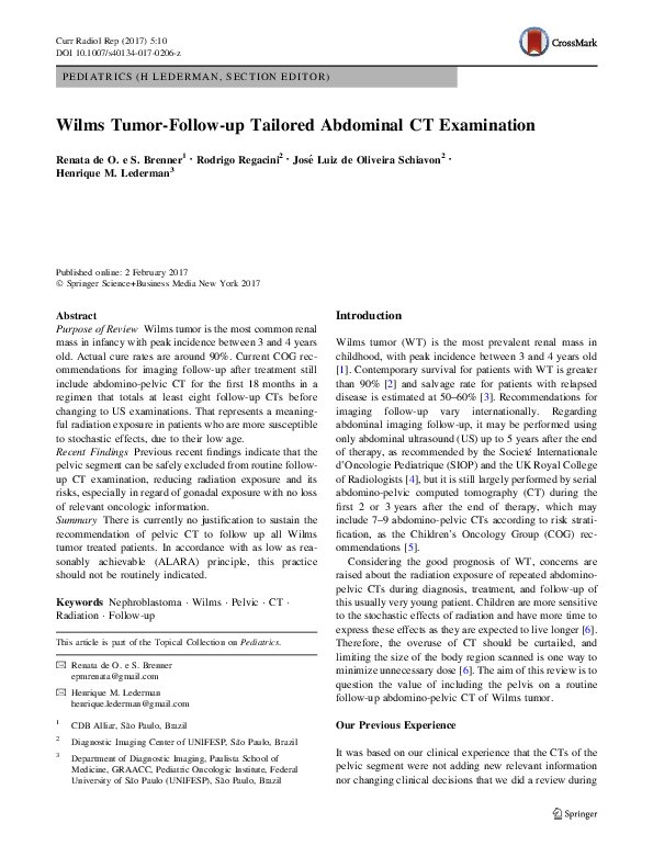 (PDF) Wilms Tumor-Follow-up Tailored Abdominal CT Examination