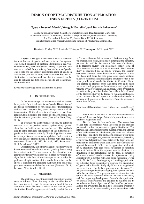 Pdf Design Of Optimal Distribution Application Using Firefly Algorithm Ngarap Manik