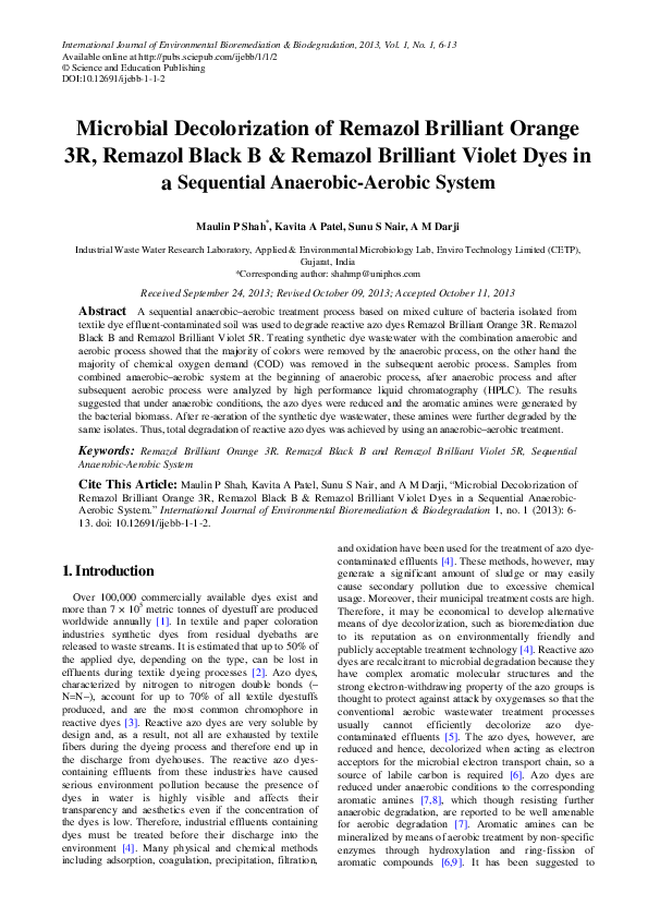 (PDF) Microbial Decolorization of Remazol Brilliant Orange 3R, Remazol Black B & Remazol ...