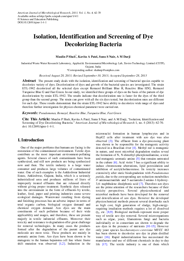 (PDF) Isolation, Identification and Screening of Dye Decolorizing Bacteria