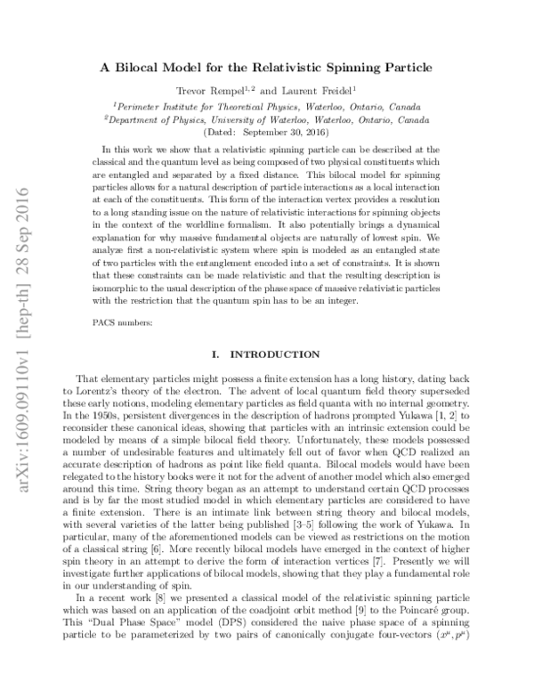 (PDF) Bilocal model for the relativistic spinning particle