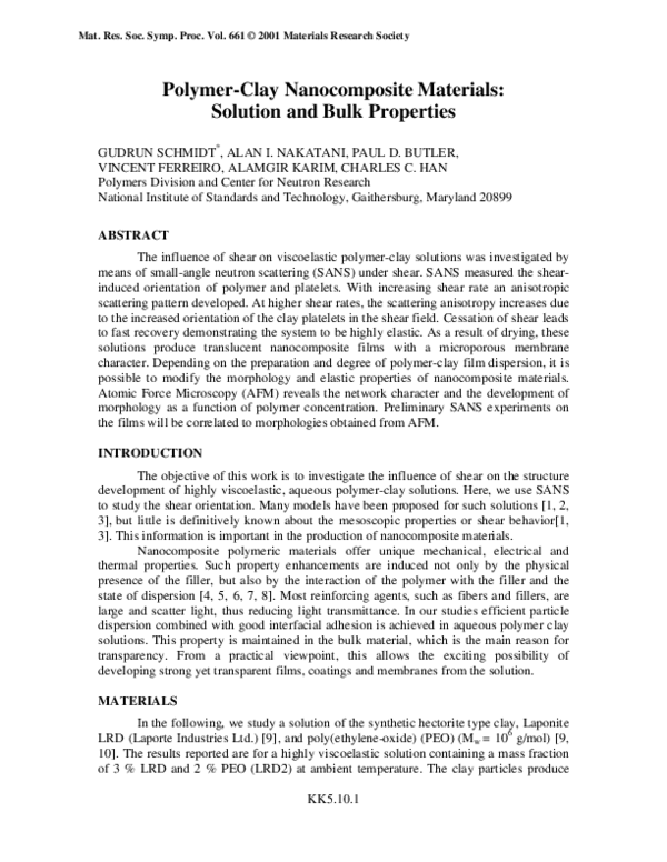 (PDF) Polymer-Clay Nanocomposite Materials: Solution and Bulk Properties