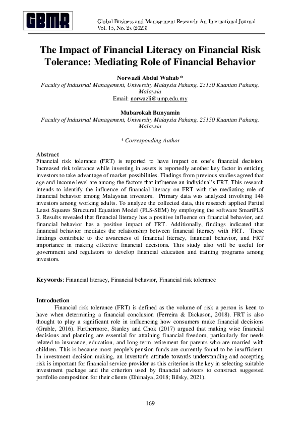 (PDF) The Impact of Financial Literacy on Financial Risk Tolerance ...