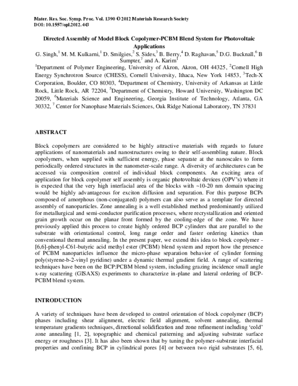 (PDF) Directed Assembly of Model Block Copolymer-PCBM Blend System for Photovoltaic Applications