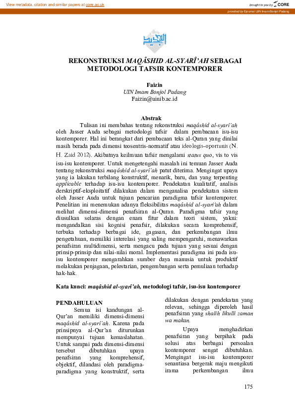 (PDF) Rekonstruksi Maqâshid Al-Syarî’Ah Sebagai Metodologi Tafsir ...