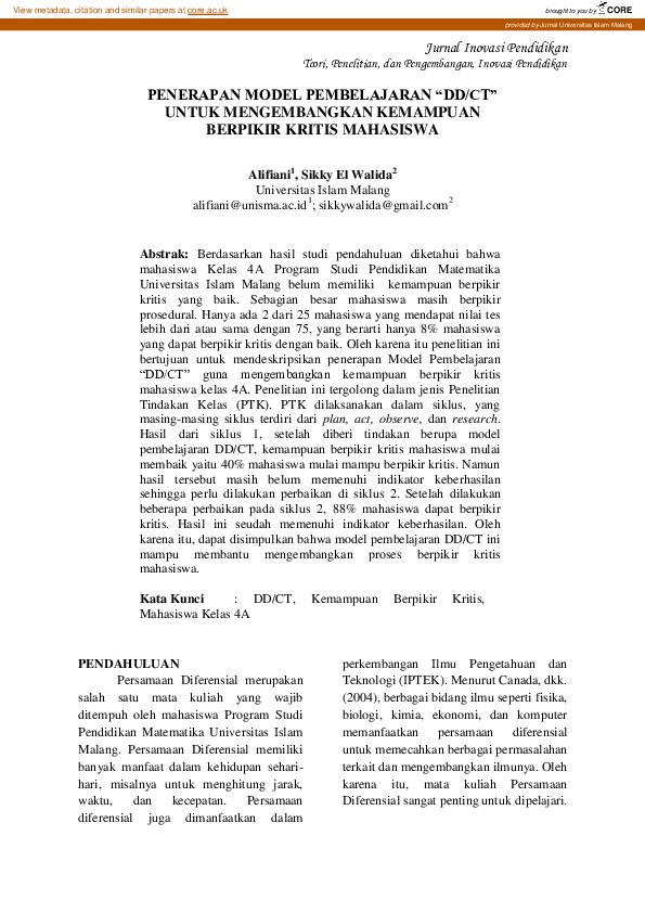 (PDF) Penerapan Model Pembelajaran “DD/Ct” Untuk Mengembangkan Kemampuan Berpikir Kritis Mahasiswa