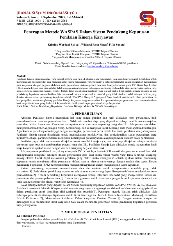 (PDF) Penerapan Metode WASPAS Dalam Sistem Pendukung Keputusan Penilaian Kinerja Karyawan