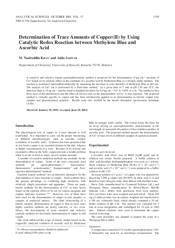 Pdf Determination Of Trace Amounts Of Copper Ii By Using Catalytic Redox Reaction Between