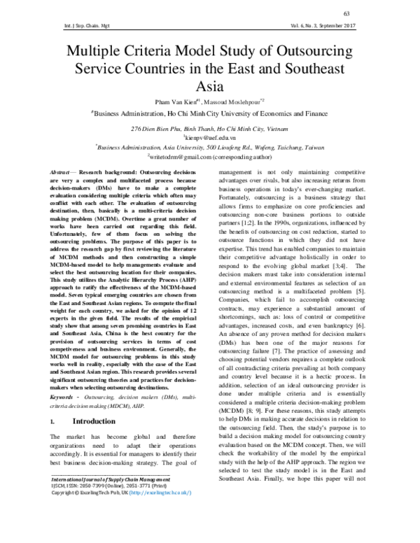 (PDF) Multiple Criteria Model Study of Outsourcing Service Countries in the East and Southeast Asia