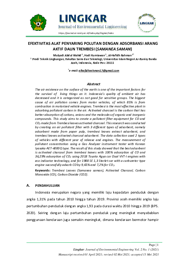 (PDF) Efektivitas Alat Penyaring Polutan Dengan Adsorbansi Arang Aktif ...