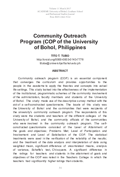 (PDF) Community Outreach Program (COP) of the University of Bohol, Philippines