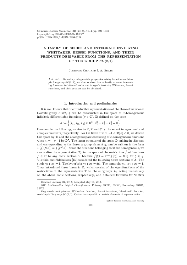 (PDF) A Family of Series and Integrals Involving Whittaker, Bessel ...