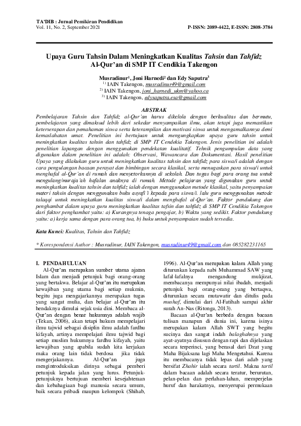 (PDF) Upaya Guru Tahsin dalam Meningkatkan Kualitas Tahsin dan Tahfidz Al-Qur’an di SMP IT ...