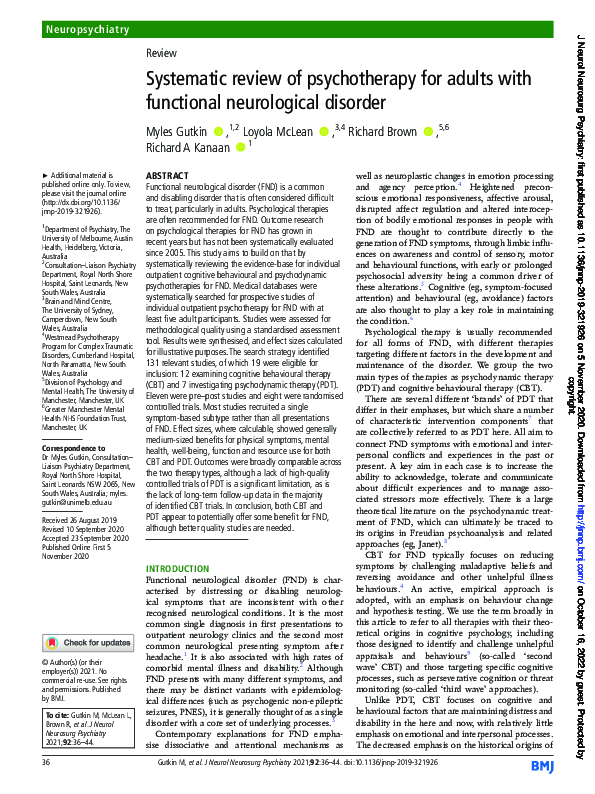 (PDF) Systematic review of psychotherapy for adults with functional ...