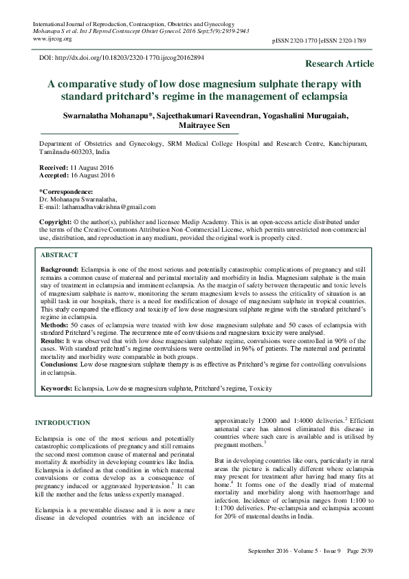 (PDF) A comparative study of low dose magnesium sulphate therapy with ...