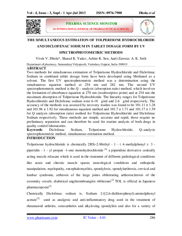 Pdf The Simultaneous Estimation Of Tolperisone Hydrochloride And Diclofenac Sodium In Tablet