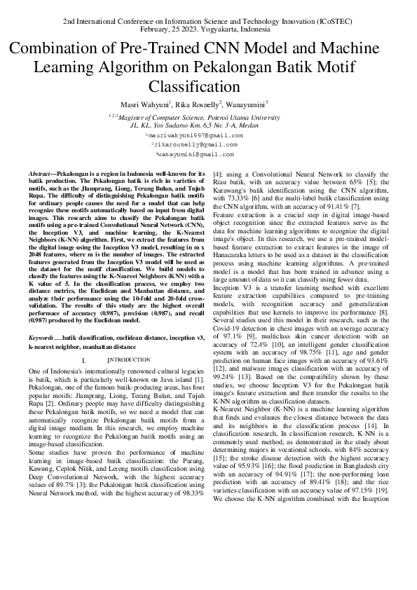 (PDF) Combination of Pre-Trained CNN Model and Machine Learning Algorithm on Pekalongan Batik ...