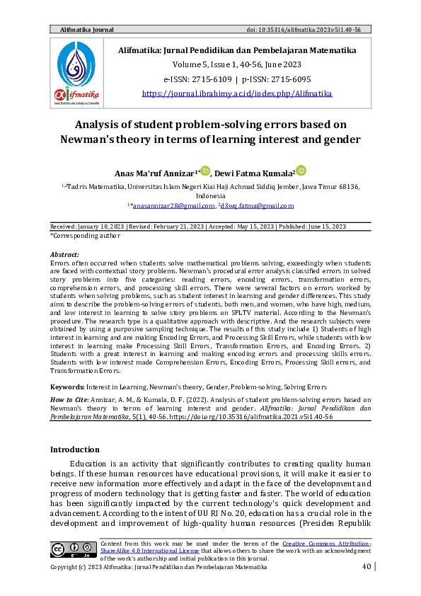 (PDF) Analysis of student problem-solving errors based on Newman's theory in terms of learning ...