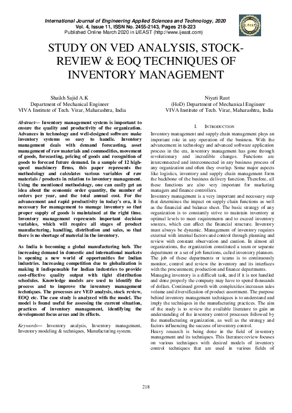 (PDF) Study on Ved Analysis, Stock-Review Eoq Techniques of Inventory ...