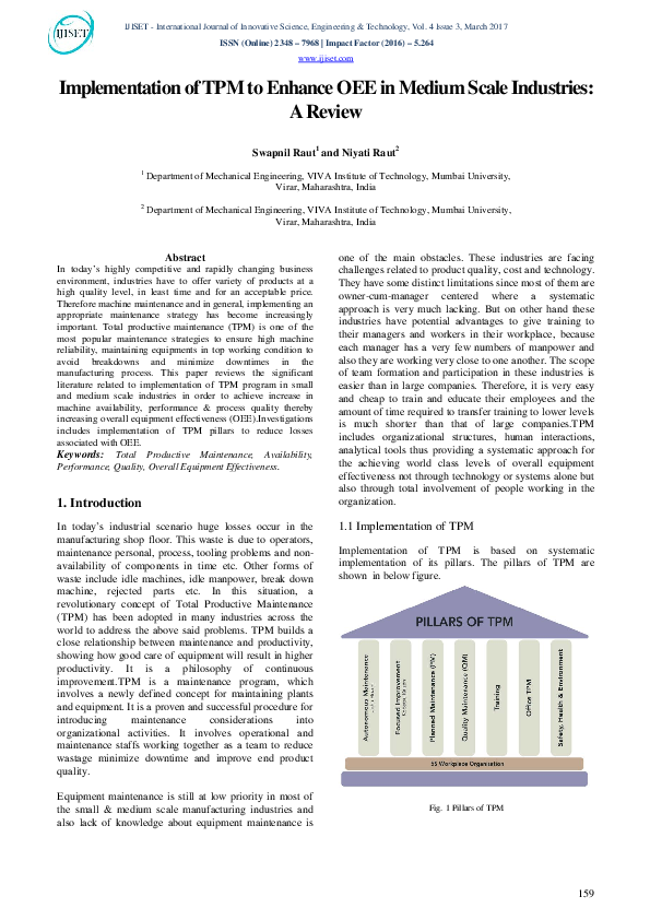 (PDF) Implementation of TPM to Enhance OEE in Medium Scale Industries ...