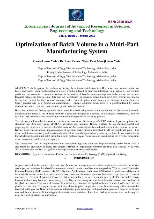 (PDF) Optimization of Batch Volume in a Multi-Part Manufacturing System