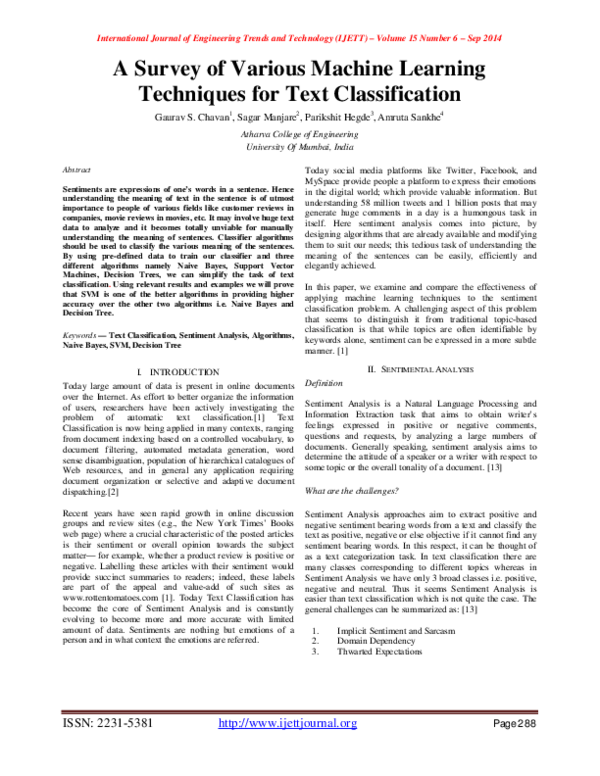 (PDF) A Survey of Various Machine Learning Techniques for Text Classification