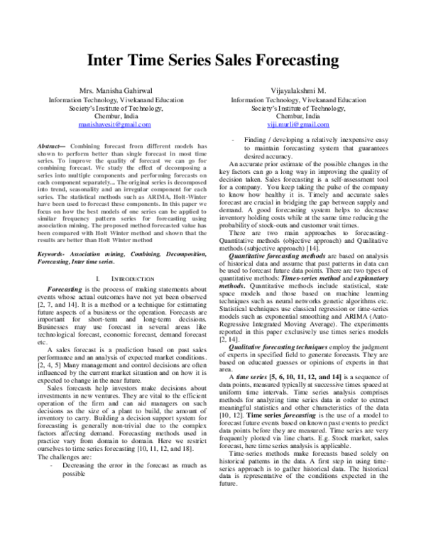 Pdf Inter Time Series Sales Forecasting Manisha Gahirwal