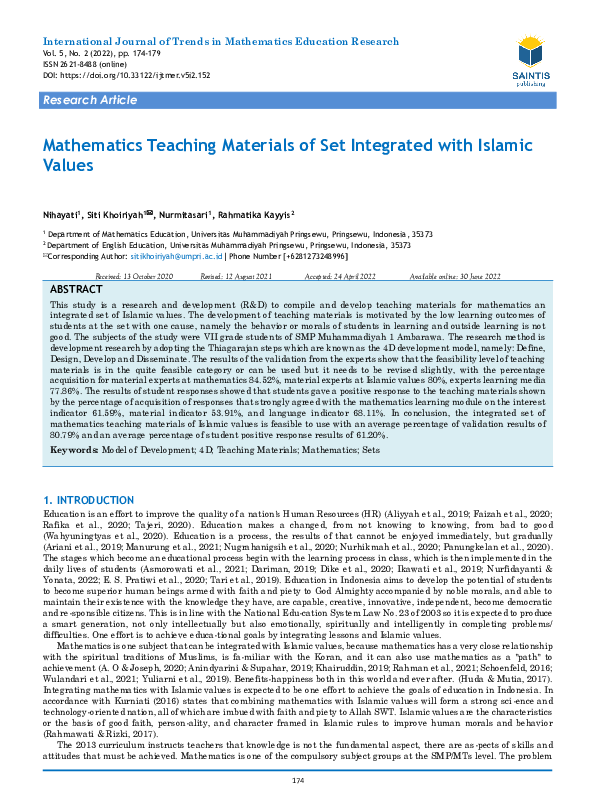 (PDF) Mathematics teaching materials of set integrated with Islamic values