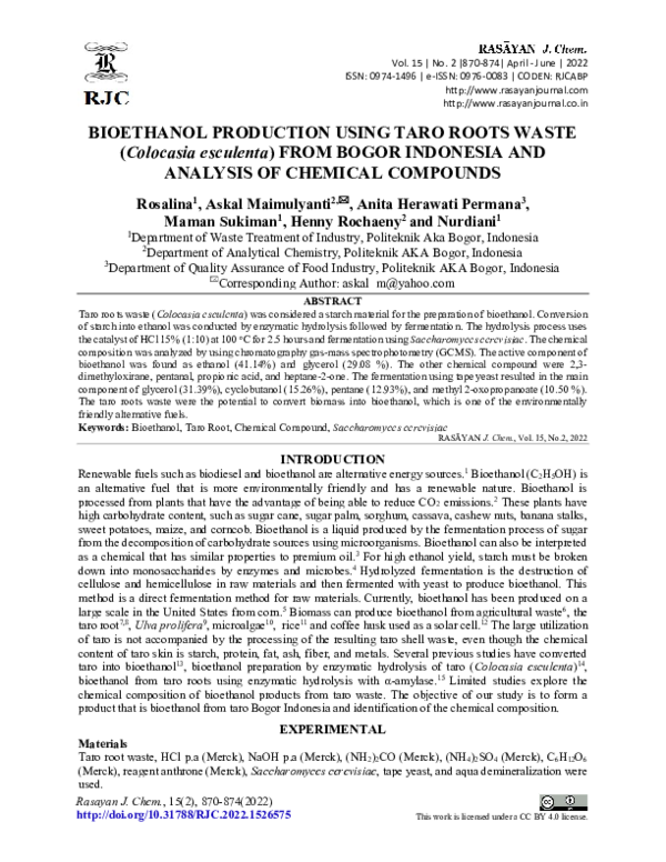 (PDF) BIOETHANOL PRODUCTION USING TARO ROOTS WASTE (Colocasia esculenta) FROM BOGOR INDONESIA ...