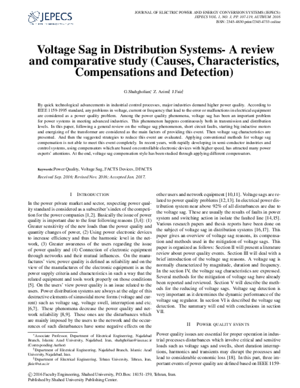 (PDF) Voltage Sag in Distribution Systems- A review and comparative study (Reasons ...