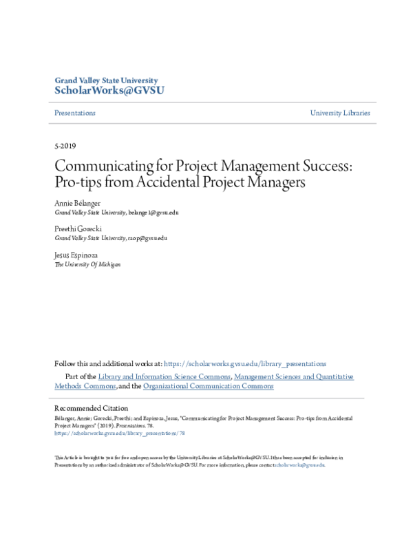 (PDF) Communicating for Project Management Success: Pro-tips from Accidental Project Managers