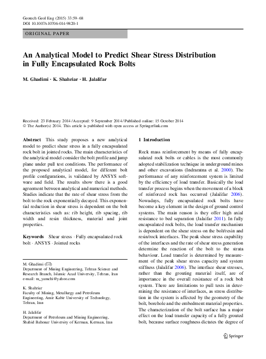(PDF) An Analytical Model to Predict Shear Stress Distribution in Fully ...