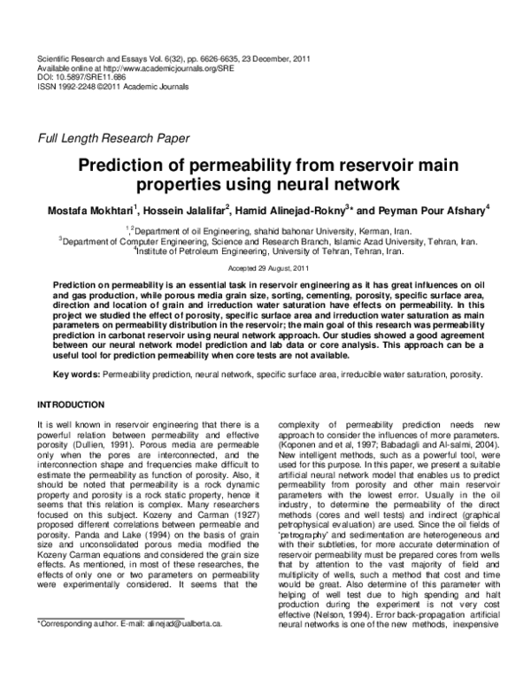 (PDF) Prediction of permeability from reservoir main properties using neural network