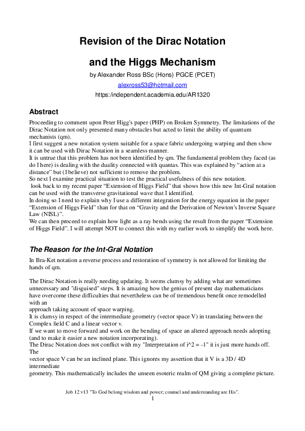 (PDF) Revision of the Dirac Notation and the Higgs Mechanism (02 JUL 2023) revised 03 JUL 2023