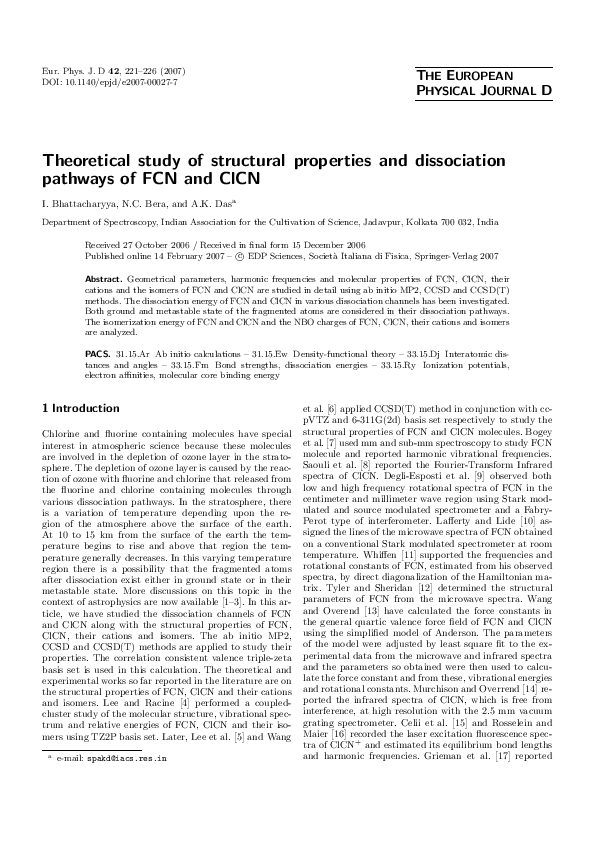 (PDF) Theoretical study of structural properties and dissociation pathways of FCN and ClCN
