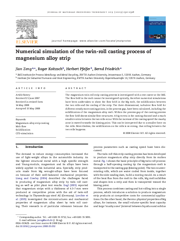 Pdf Numerical Simulation Of The Twin Roll Casting Process Of Magnesium Alloy Strip Herbert